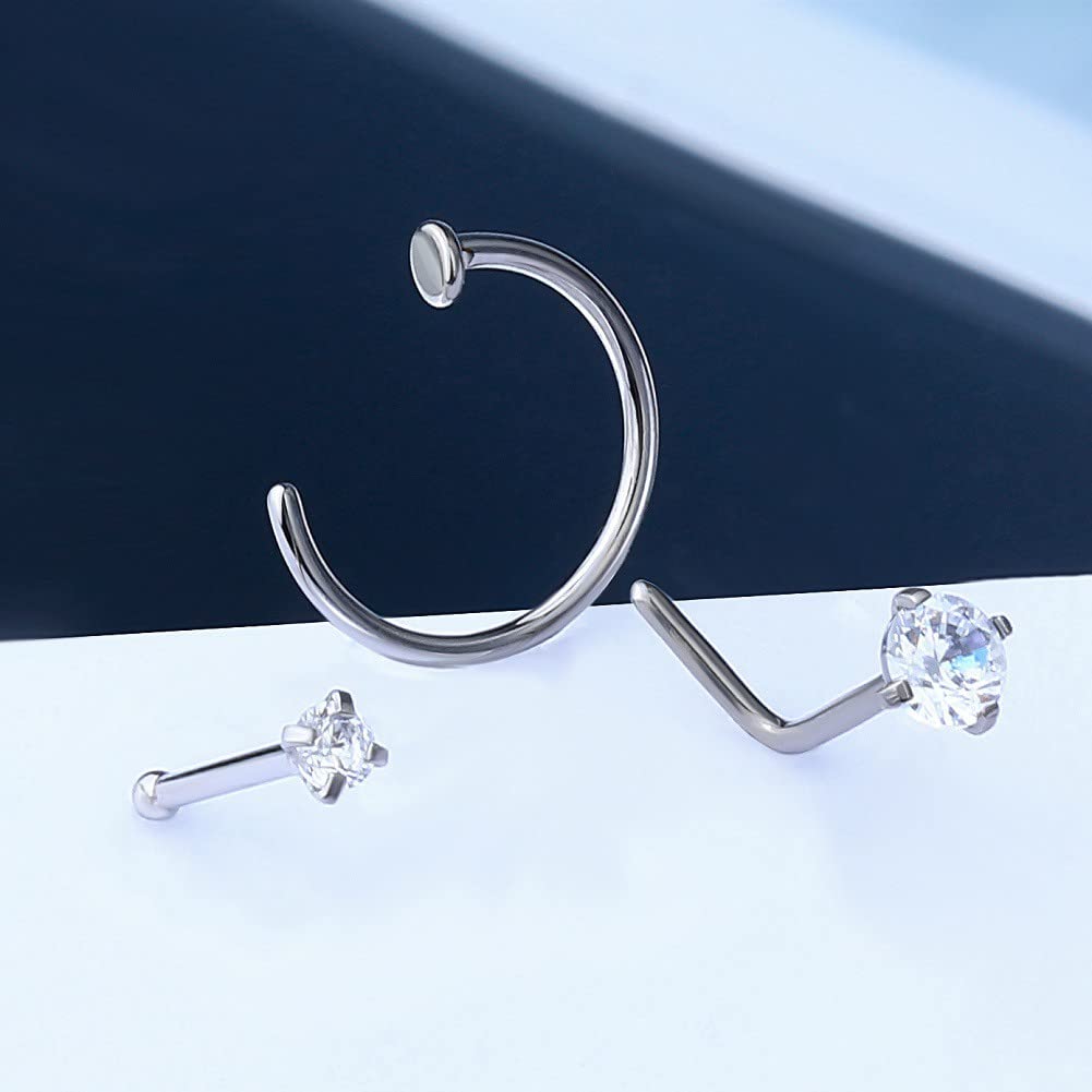OUFER 20g Nose Ring Hoop, 3PCS Grade 23 Solid Titanium Nose Rings, Clear CZ Nose Stud, L Shaped Nose Piercing Jewelry