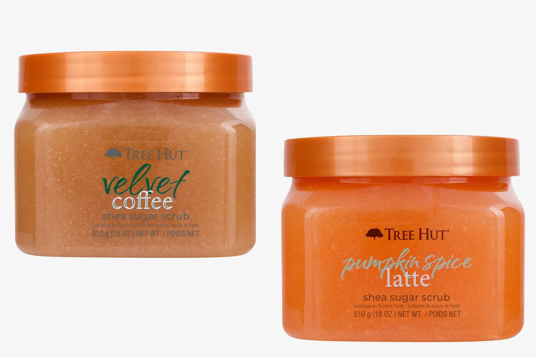 Tree Hut Exfoliating, Hydrating Shea Sugar Body Scrub 18 oz Fall Scent Variety Pack of 2 - Pumpkin Spice Latte And Velvet Coffee 18 Ounce (Pack of 2)