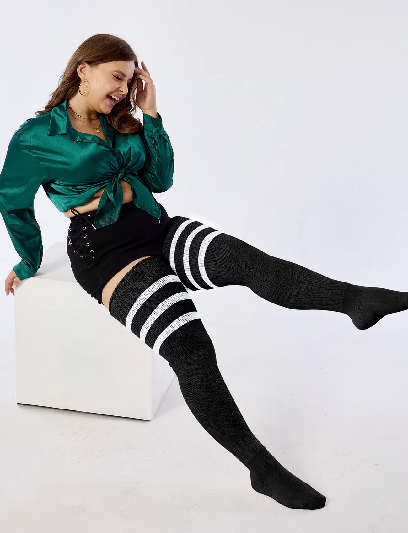 Qupish Plus Size Thigh High Socks for Thick Highs Extra Long Leg Warmers Knit Over The Knee High Socks for Women(Strip- Black)