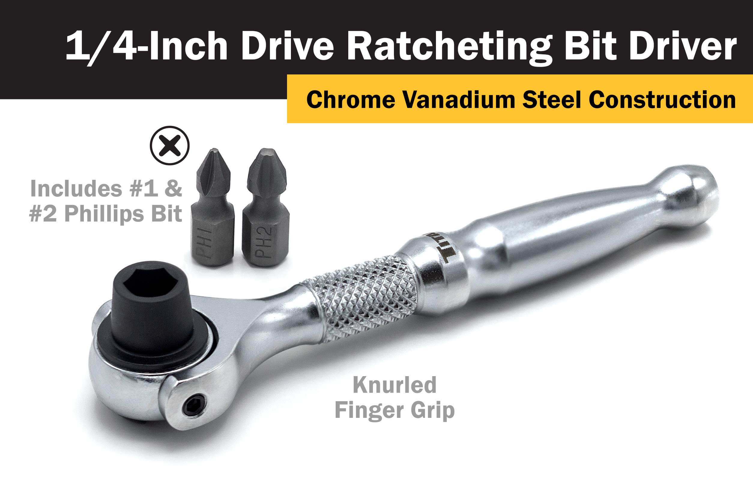 Titan 11318 1/4-Inch Drive x 4-Inch 90-Tooth Swivel Head Micro Ratcheting Bit Driver - Silver