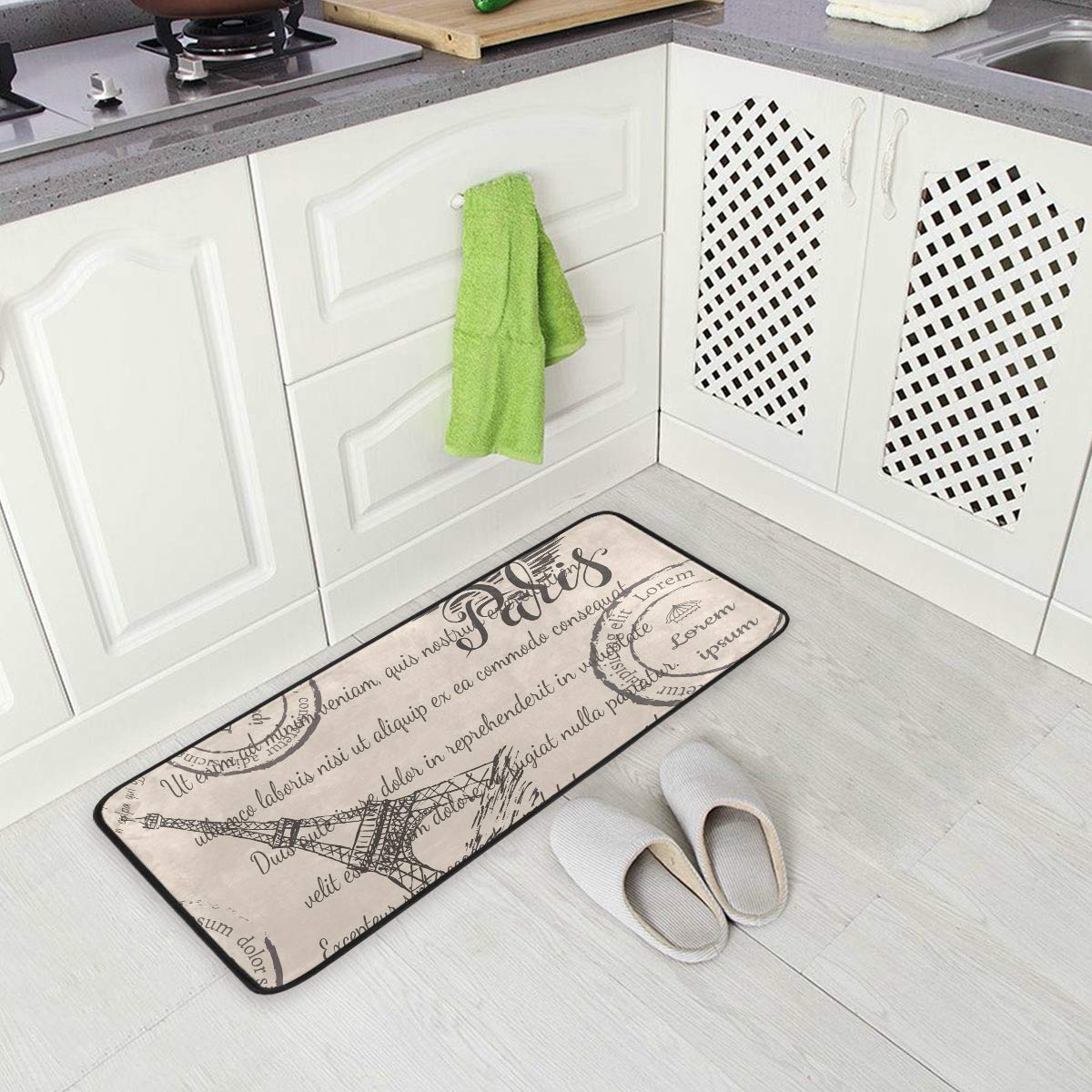 Paris Eiffel Tower Vintage Kitchen Rugs Indoor Outdoor Non Slip Kitchen Floor Mats for Home 39" x 20" Comfort, Polyester Fabric