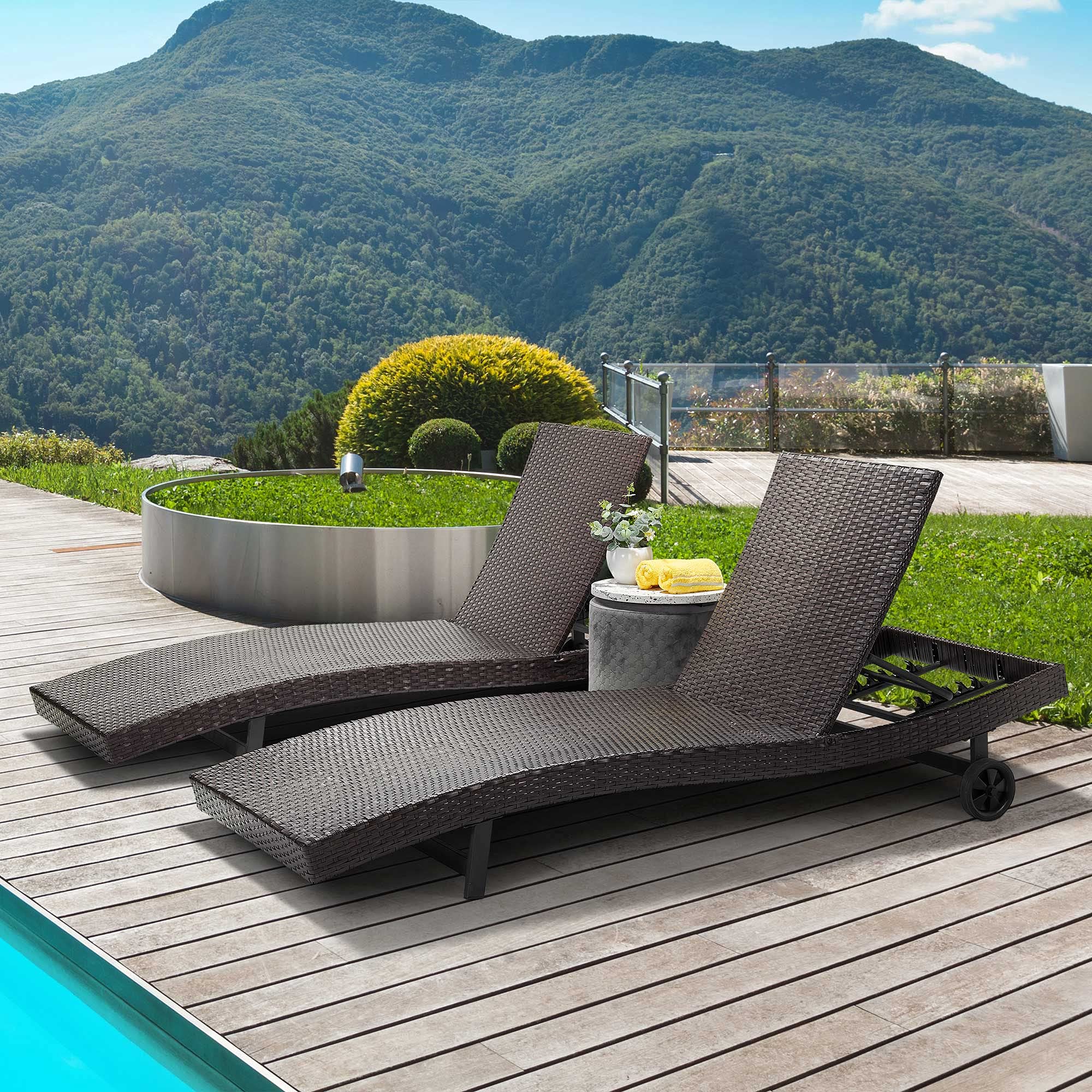 LAUREL CANYON Chaise Lounge Sets with Wheels PE Rattan Adjustable Back Reclining Chair for Patio, Beach, Yard, Pool, Brown