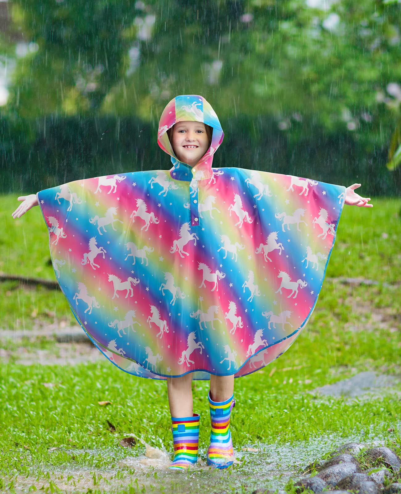 WAWSAM Lightweight Kids Rain Poncho Waterproof Kids Poncho Reusable Hooded Rain Jacket for Boys Girls