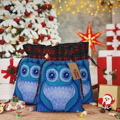 MARXAN Blue Owl Printing Christmas With Drawstring Fabric Gift Bag Linen Bundle Gift Bag Storage Bag Gift Bags With Drawstrings Suitable For Christmas Party Gift Packaging