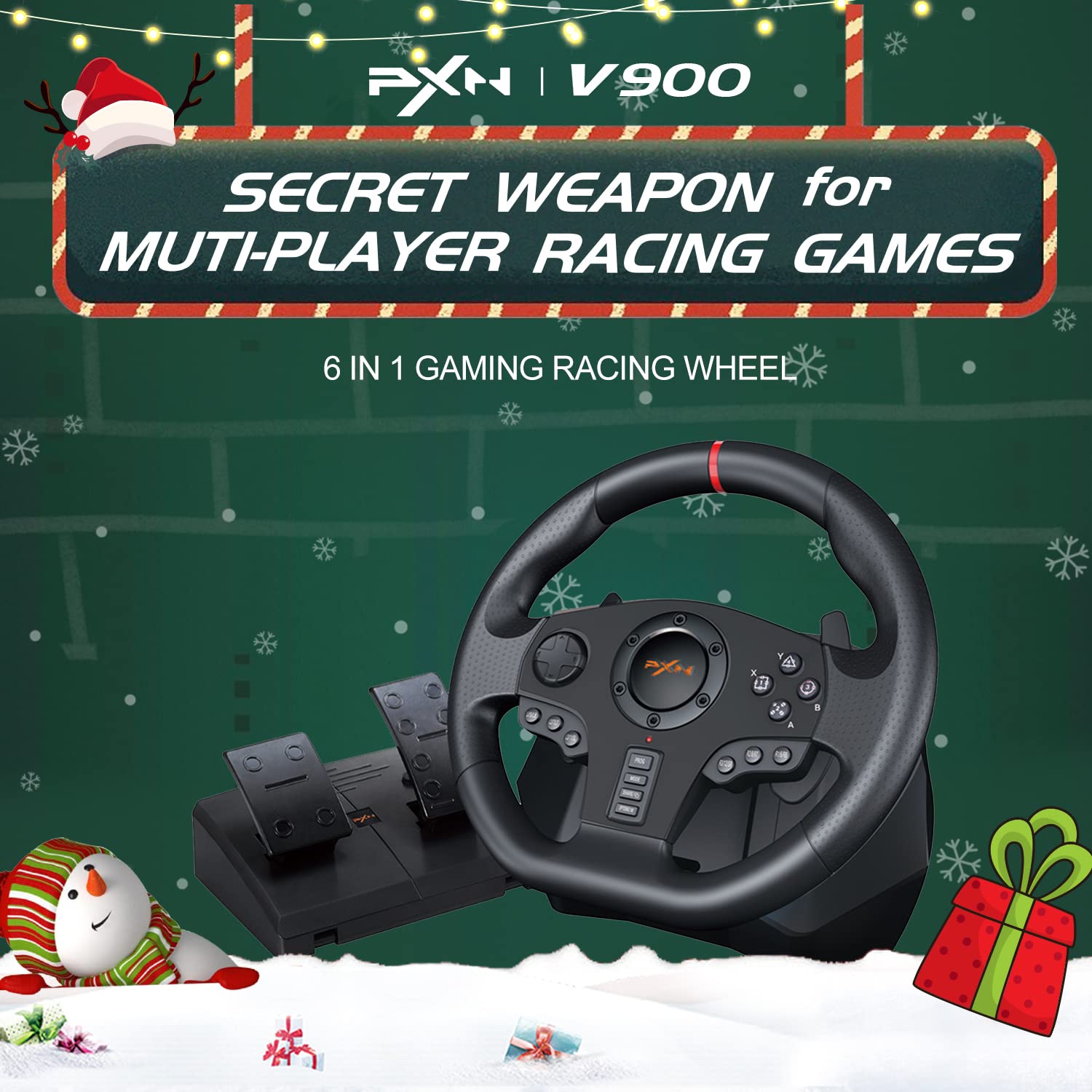 PXN V900 PC Steering Wheel with Pedals and Shift Paddle Universal Usb Car Sim 270/900 Degree Racing Wheel Compatible with PS3,PS4,Xbox,One,Xbox Series X/S,PC,Switch,Android TV (Christmas Gift Box)