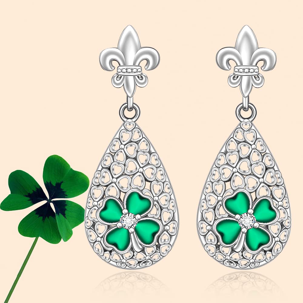 Shamrock Earrings Four Leaf Clover St Patricks Day Earrings for Women Celtic Knot Irish Leverback Drop Dangle Sterling Silver Studs Green Shamrock Jewelry