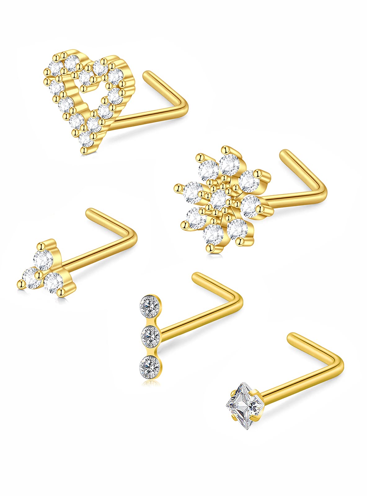 QWALIT Gold Nose Studs Nose Rings Studs 20g Nose studs for Women Nose Piercings Surgical Steel Nose Stud L Shaped 20 gauge