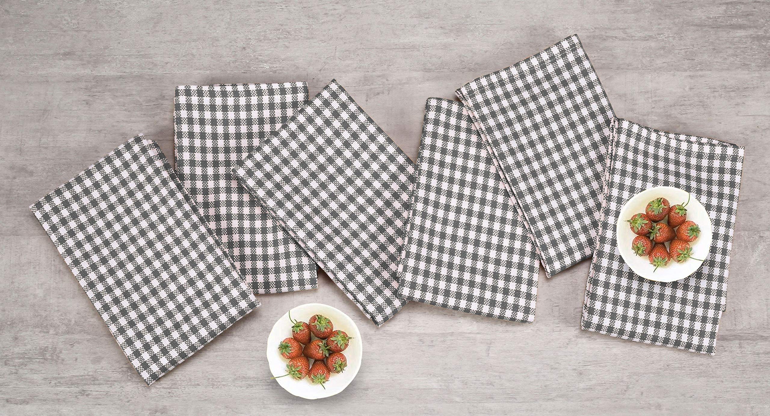 Native Fab 6 Pack Gingham Farmhouse Kitchen Dish Towels Cotton Absorbent Durable Washable 15x25 - Tea Towels, Dish Cloths, Restaurant Cleaning Towels, Kitchen Towels with Hanging Loop, Grey White