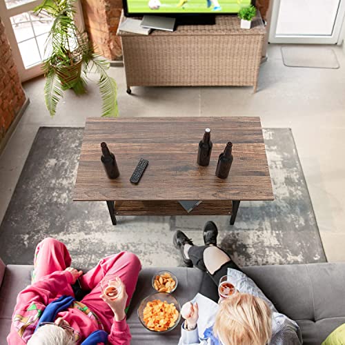 Yesker Farmhouse Coffee Table, Industrial Rustic Coffee Table Heavy Duty Two Tier Coffee Tea Table 45β with Shelf for Living Room, Accent Cocktail Table with Stronger Metal Frame Thicker Leg