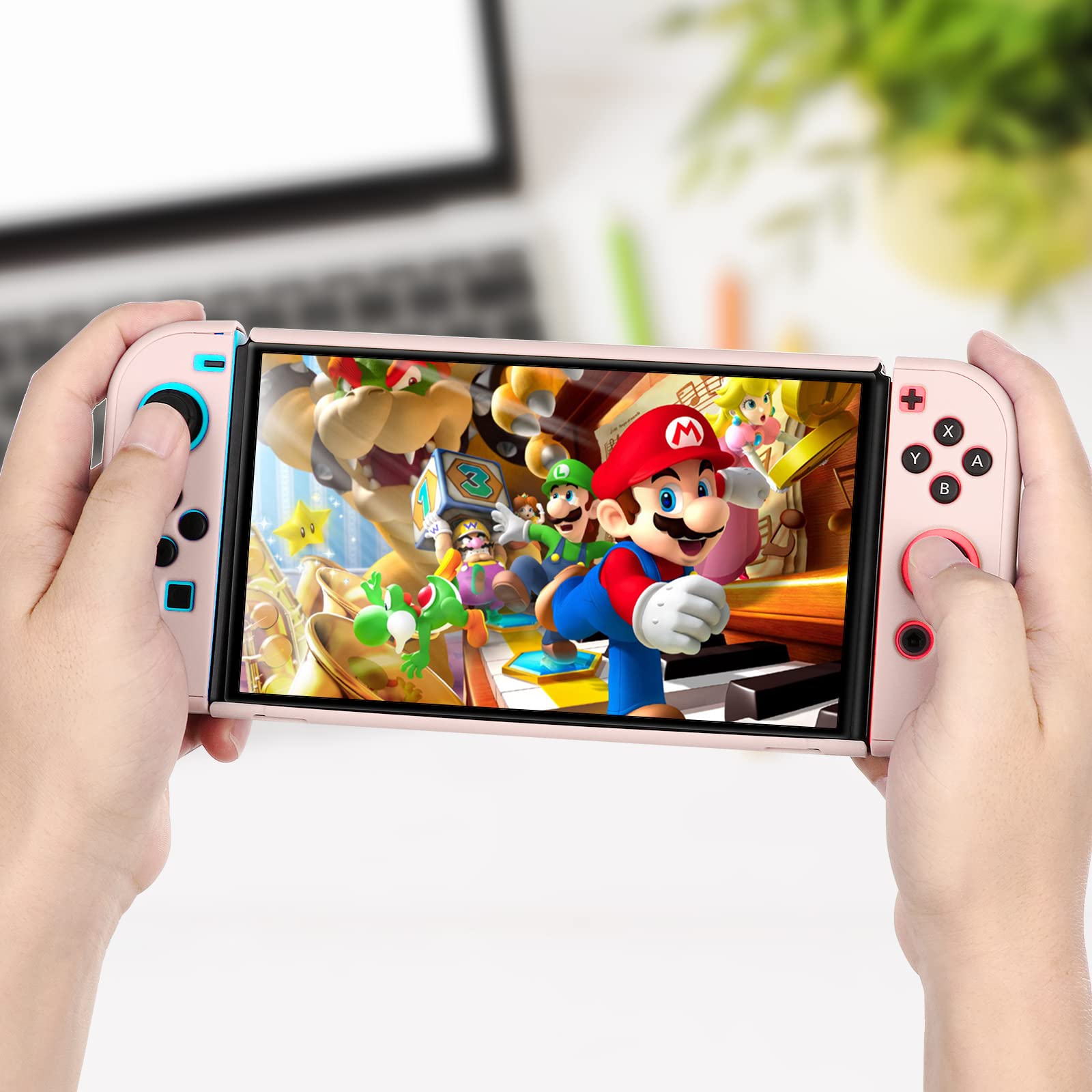 Switch OLED Case Dockable Protective Case for Nintendo Switch OLED Model 2021 Console and Joy-Con Controller Grip Case with 2 Thumb Grip Caps, Light Pink