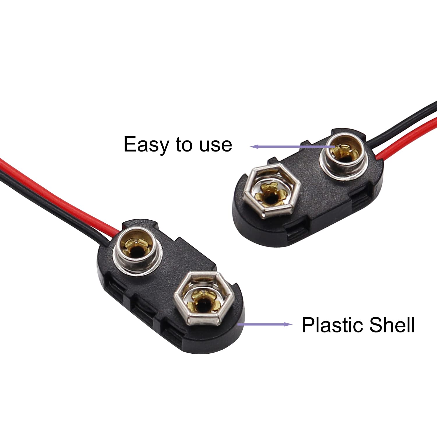 TWTADE 8pcs I-Type Battery Clip Connector 9V with Hard Plastic Shell and Red Black Wires H-022
