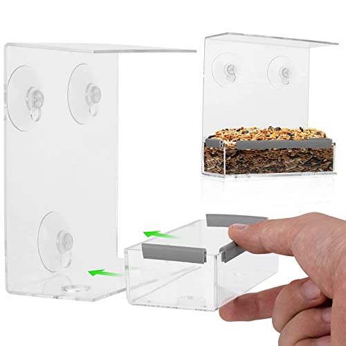 Window Bird Feeder 2 Pack, Bird House for Outside, Window Bird Feeder with Strong Suction Cups and Removable Seed Tray with Drain Holes. Outdoors Birdfeeder for Wild Birds, Cardinal, Bluebird