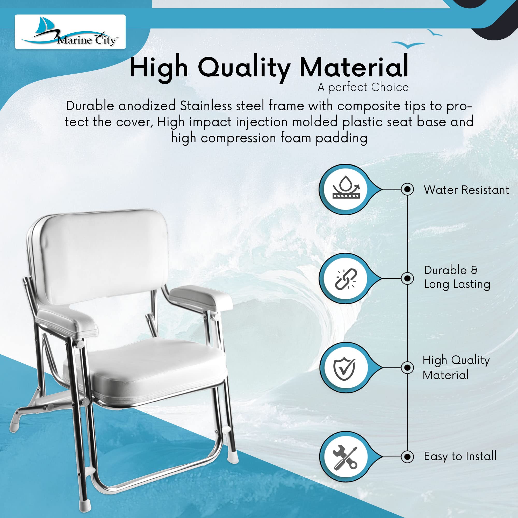 MARINE CITY Aluminum Portable Folding Cushioned Comfortable Boat Deck Beach Chair with Foam Padding for Marines β Boats β Yachts β Ships (Pack of 1)