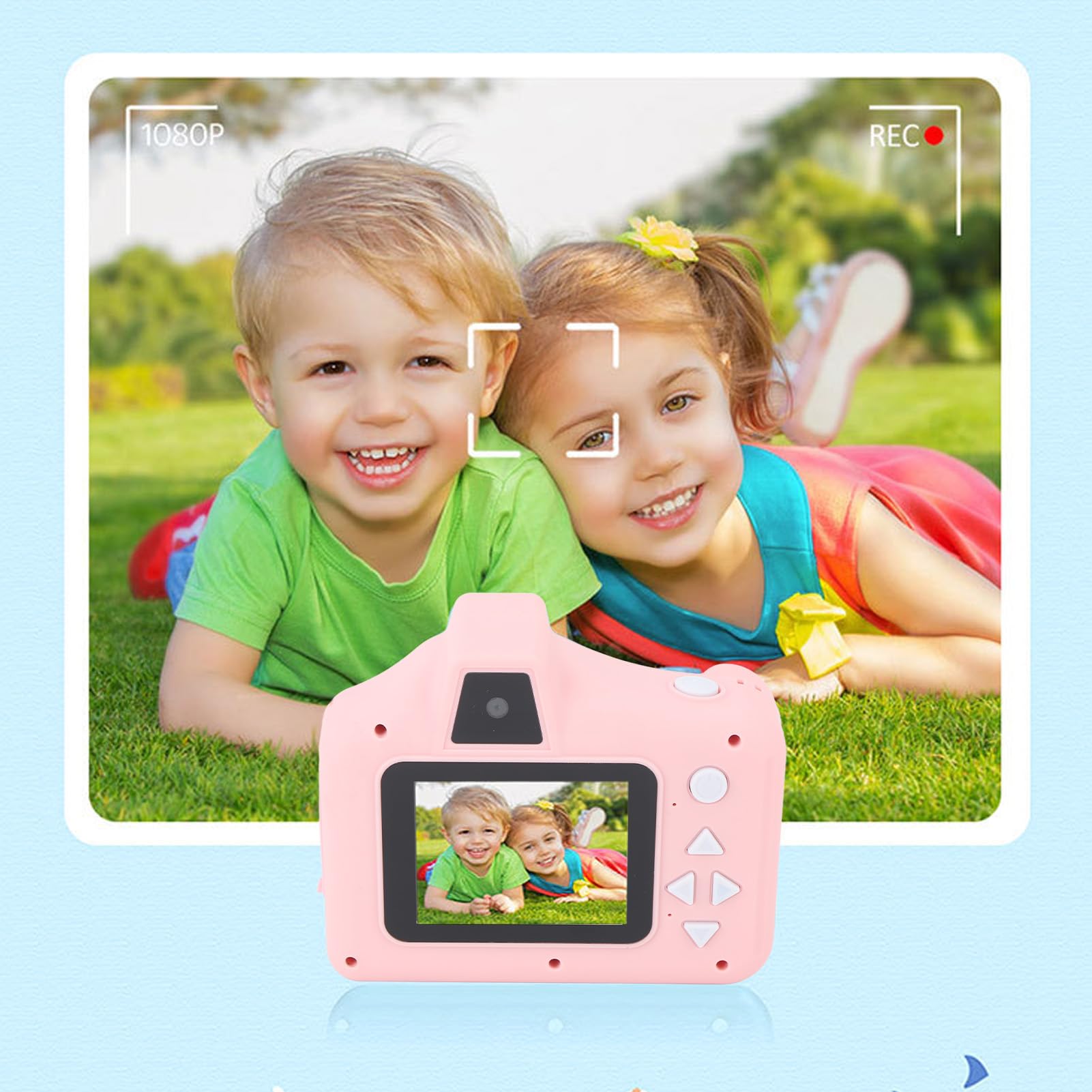 Mini SLR Children Digital HD Camera, 1000mAh Lithium Battery Kids Digital Photo Camera IPS Screen 12 Languages High Definition for Children (Pink)