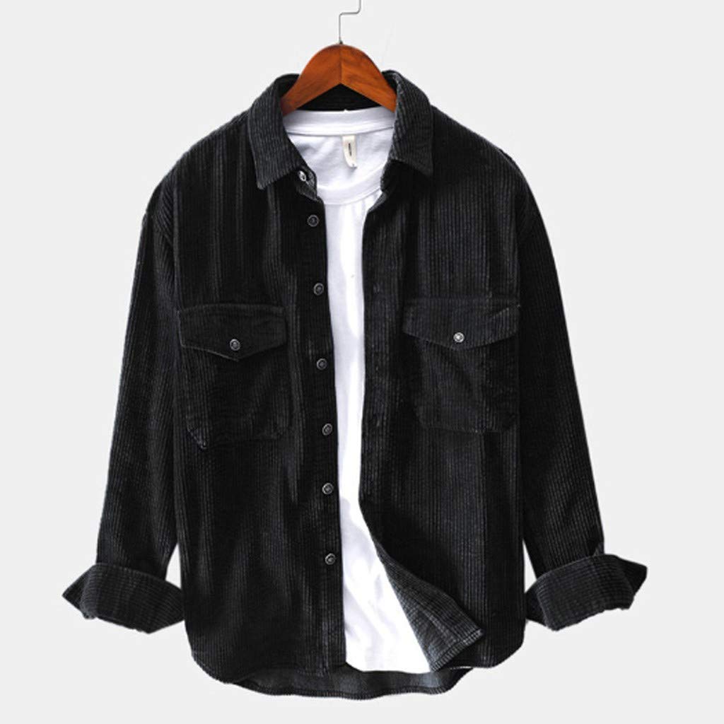 Men's Corduroy Shirt Long Sleeve Turn-Down Collar T-Shirt Top Casual Winter Lapel Chest Pocket Button Blouse M-3XL