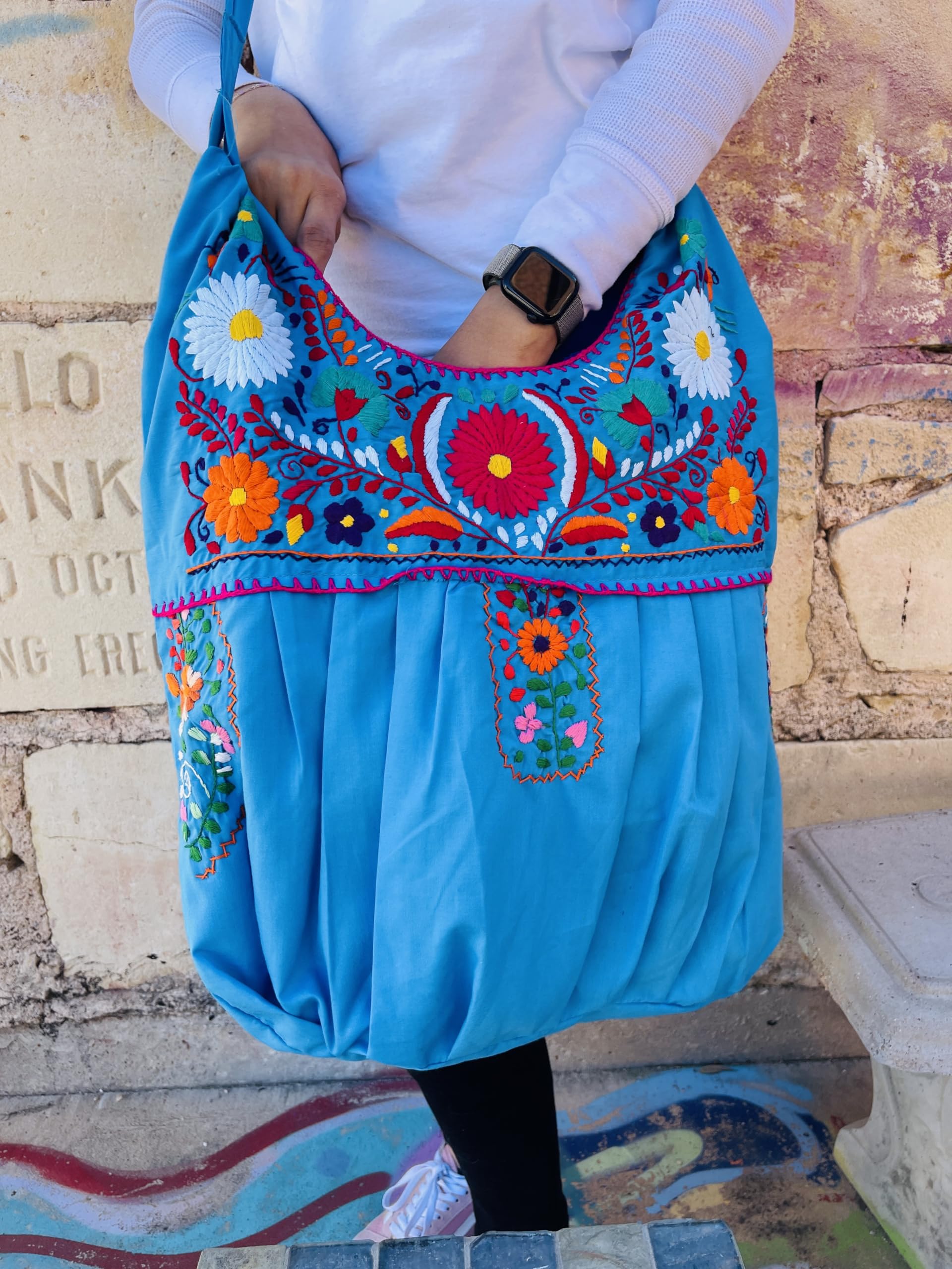 Leos Imports (TM) Hand Embroidered Puebla Mexican Tote Bag (Aqua Multi)
