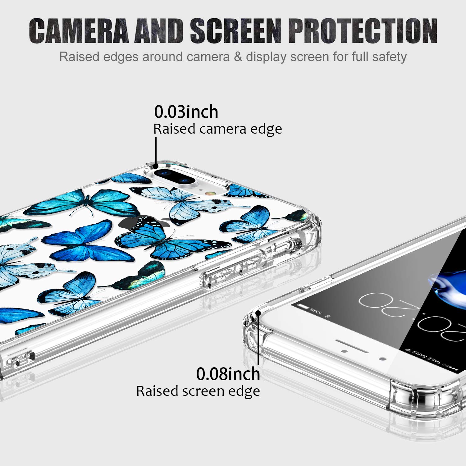 LUHOURI iPhone 8 Plus/7 Plus Case with Screen Protector,Clear Cover with Fashion Cute Designs for Women Girls,Slim Fit Durable Protective Phone Case for Apple iPhone 8 Plus/7 Plus Blue Butterflies