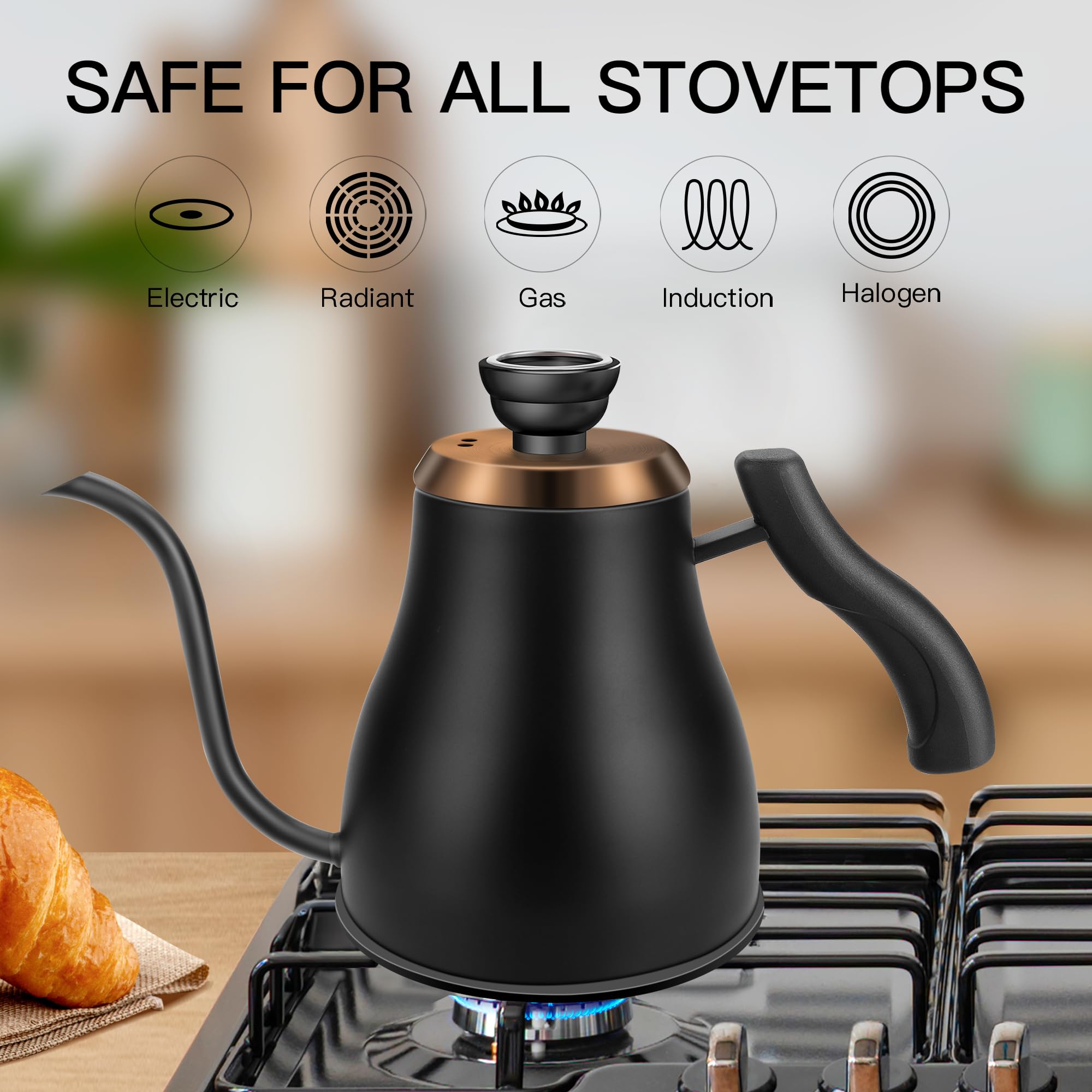 Meelio Pour Over Coffee Kettle 1.2 Liter 40 oz Tea Kettle with Thermometer for Stove Top Gooseneck Kettle, Stainless Steel Tea Pot Stovetop Teapot for Drip Coffee, Tea,Black