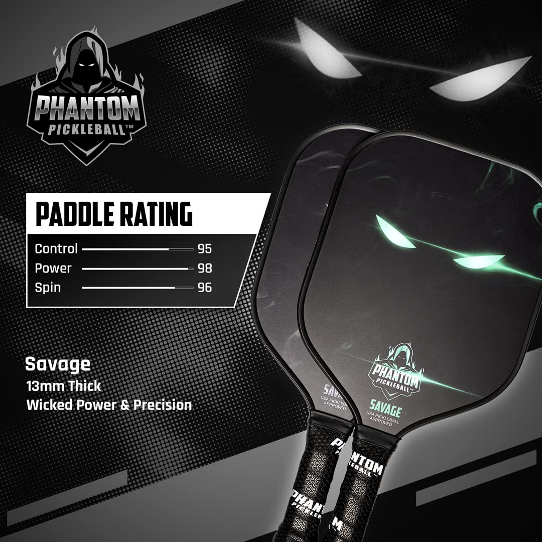 Phantom SAVAGE 13mm Carbon Fiber Wide Body Pickleball Paddles - Max Grit and Spin - USAPA Approved β Pickleball Rackets - Pickle-Ball Equipment with Polypropylene Core β Lightweight (Green)