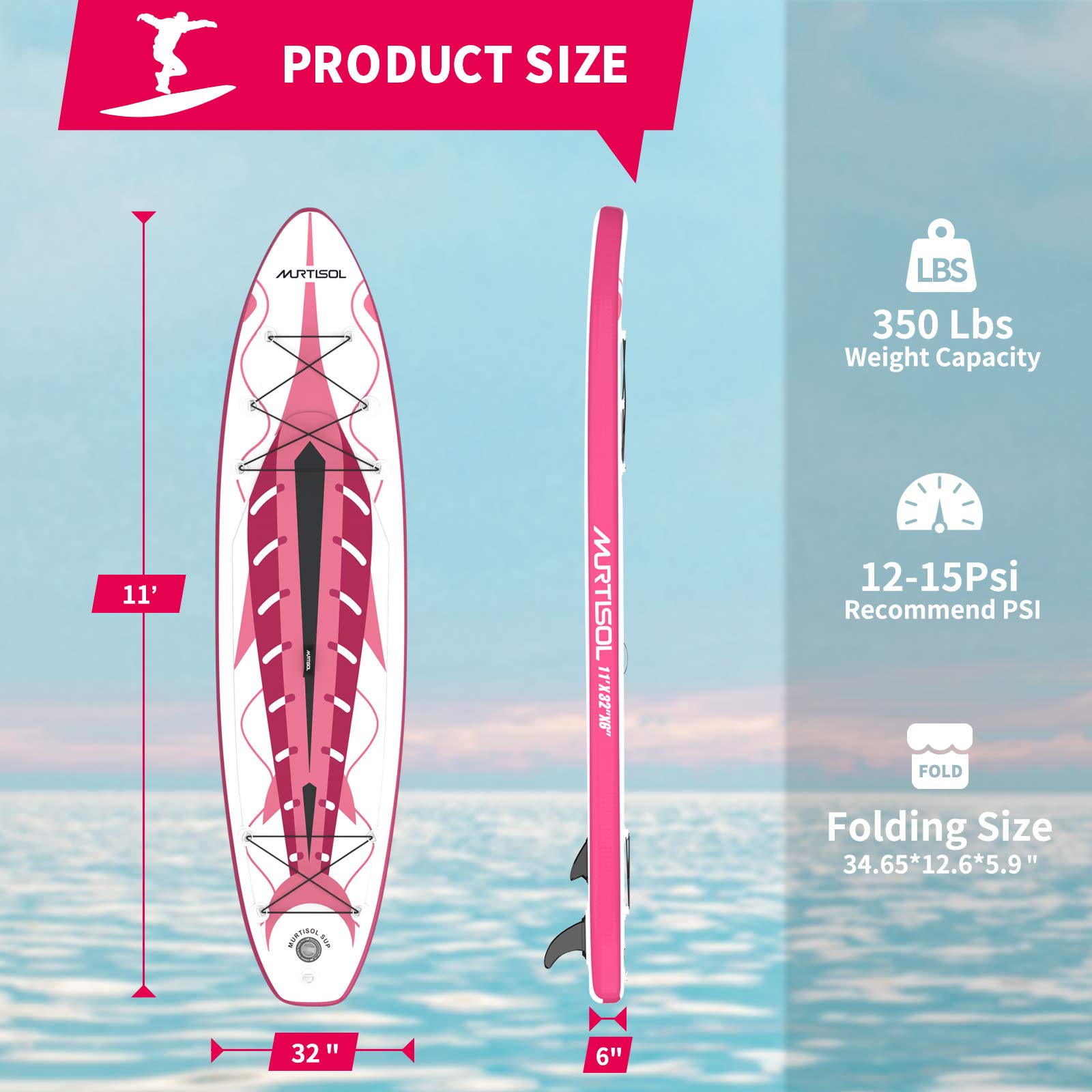 Murtisol 11'32" 6” Inflatable Stand Up Paddle Board with Premium SUP Accessories, Bottom Fin for Paddling, Leash and Hand Pump Non-Slip Deck Standing Board with 2 Waterproof Bags,Pink