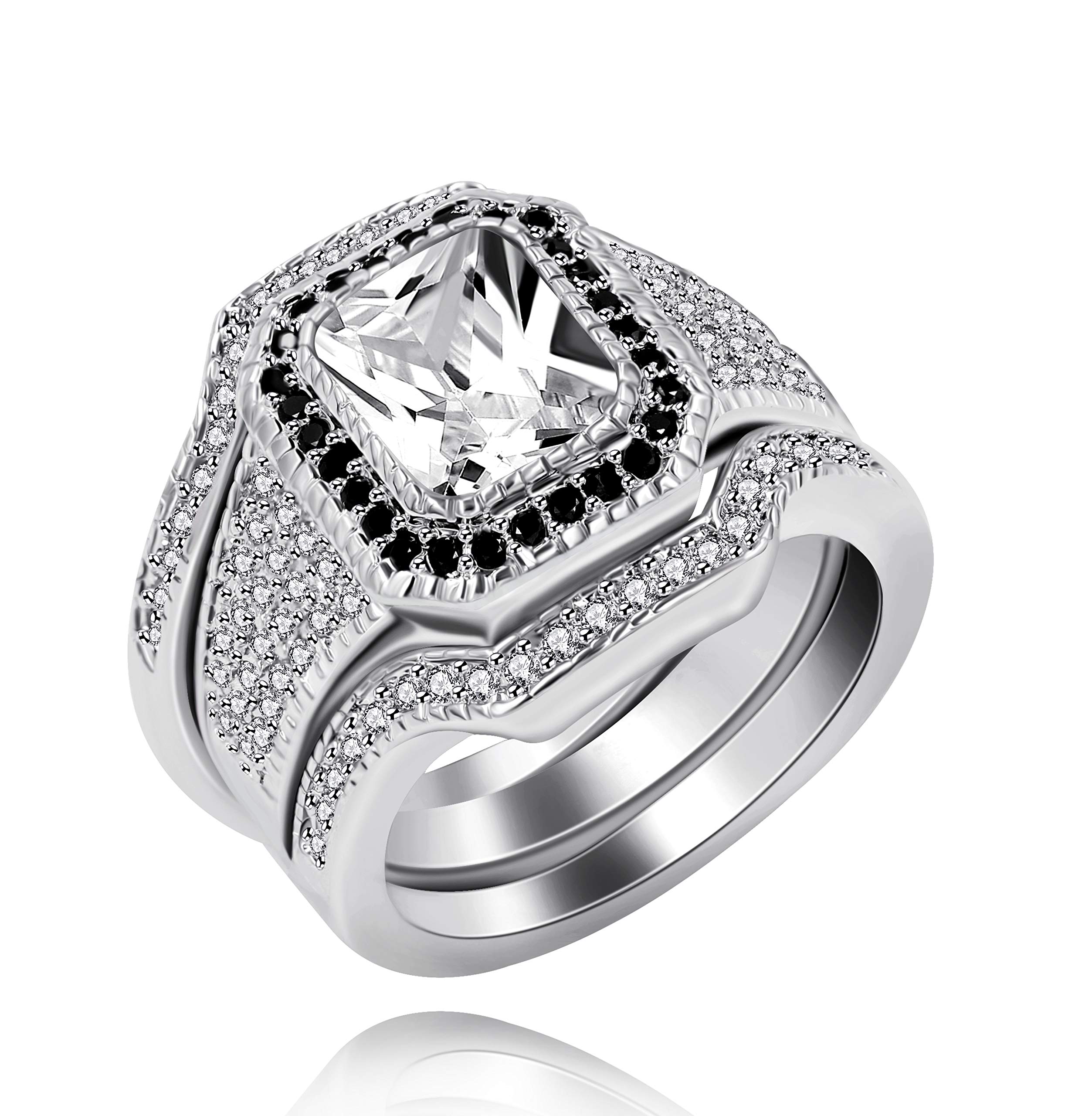 NC Rhodium Plated Simulated Diamond Cluster Square Wedding Bands Bridal Rings, Men & Women's Engagement Ring Trio Set (Size 9)