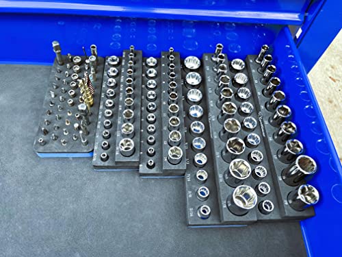 ToolGear Socket Organizer, Easy to Read Size labels, 80 sockets w/added 50 hex bit holder, both deep & standard sockets, metric & standard, 3/8 and 1/4 inch drive socket holder, tool organizer trays