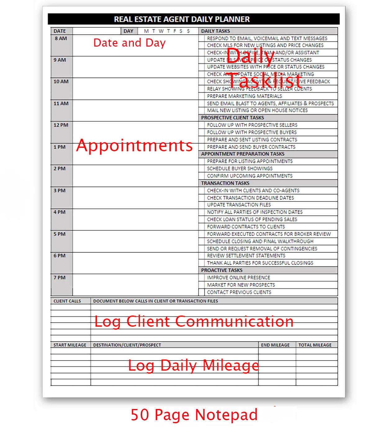 Real Estate Agent Supplies - Daily Planner Task List Notepad. Simple one page document with calendar, task lists, call and mileage log. Keep organized & focused on selling real estate. 8.5 X 11