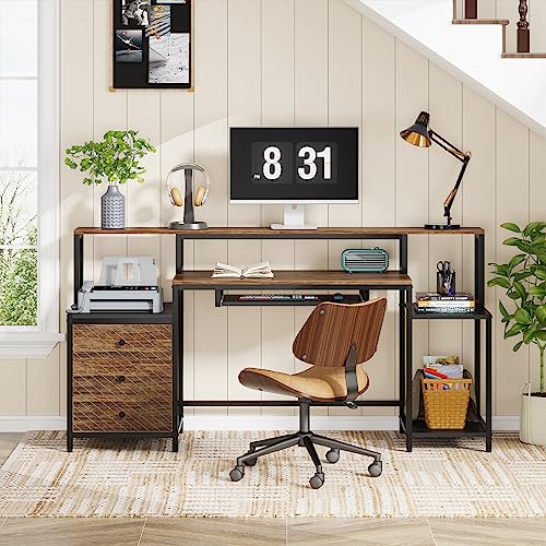 LITTLE TREE 63 inch Computer Desk with 3 Storage Drawers, Reversible Home Office Desk with Monitor Stand, Long PC Desk Workstation with Keyboard Tray, Study Writing Table, Rustic Brown
