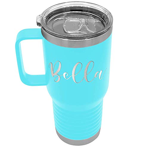 Personalized Travel Mug with Handle and Name Lite Blue Matte Finish Custom Laser Engraved 20 oz Stainless Steel Vacuum Insulated Coffee Cup with Lid
