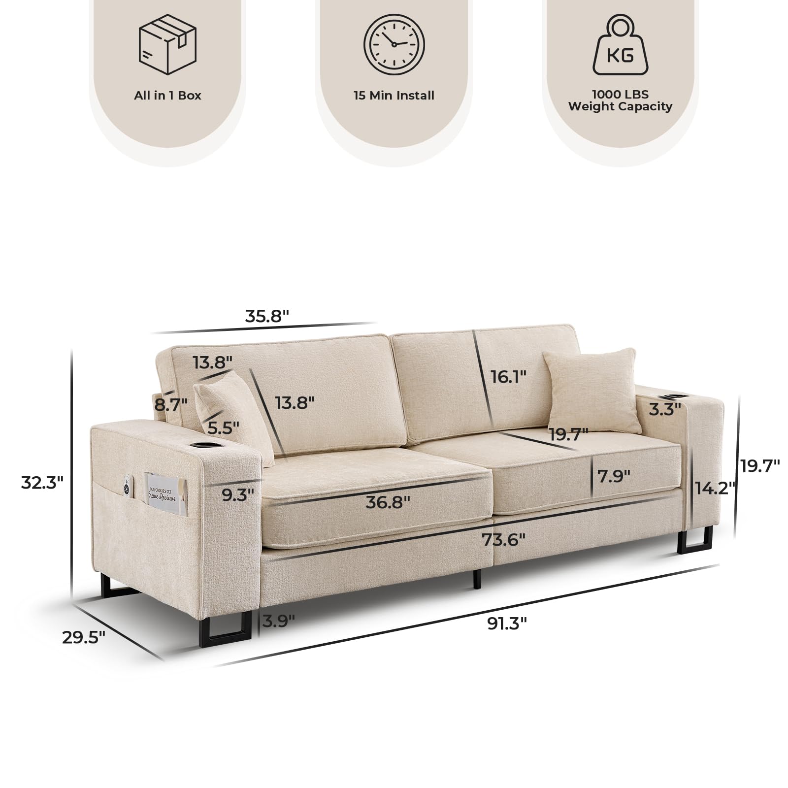WOTSTA 91.3" Chenille Loveseat Sofa, Deep Seat Couch with Side Pockets & Cup Holders, Modern Sofa Couch with Square Armrest, Comfy Lounge Sofa for Living Room, Bedroom, Small Spaces (Beige)