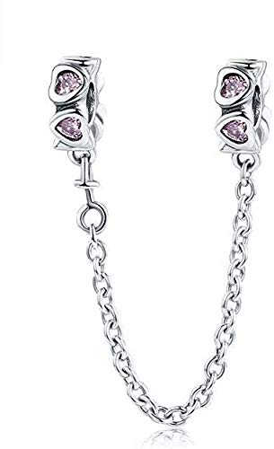 LUCKYBEADS Heart Safety Chain Charms 925 Sterling Silver Love Beads fit Bracelet & Necklace (Pink)