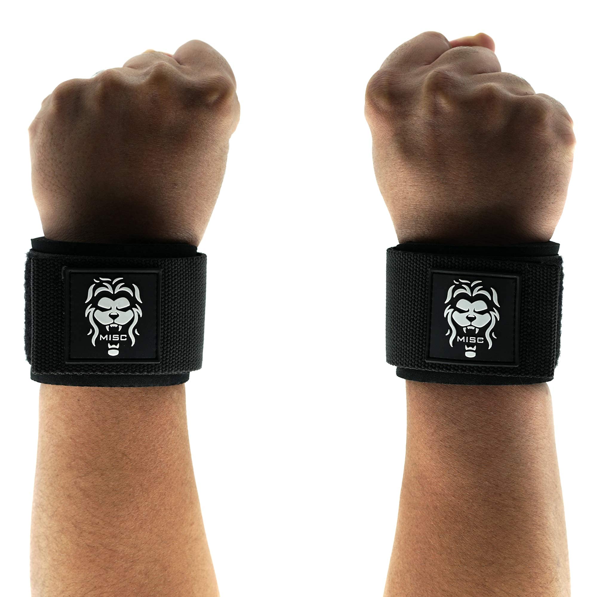 MISC FITNESS Wrist Wraps - Lifting Support Compression and Stabilization for Powerlifting Weightlifting Crossfit - Custom Fit Adjustable Fixing Tape Extra Wide Strap with Steel Buckle - Black V2