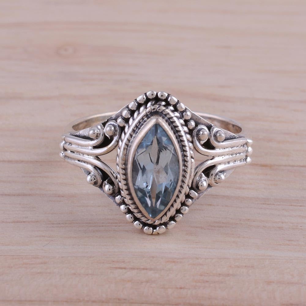 NOVICA Artisan Handmade .925 Sterling Silver Blue Topaz Single stone Ring from India Cocktail Gemstone Birthstone 'Morning Luxury'