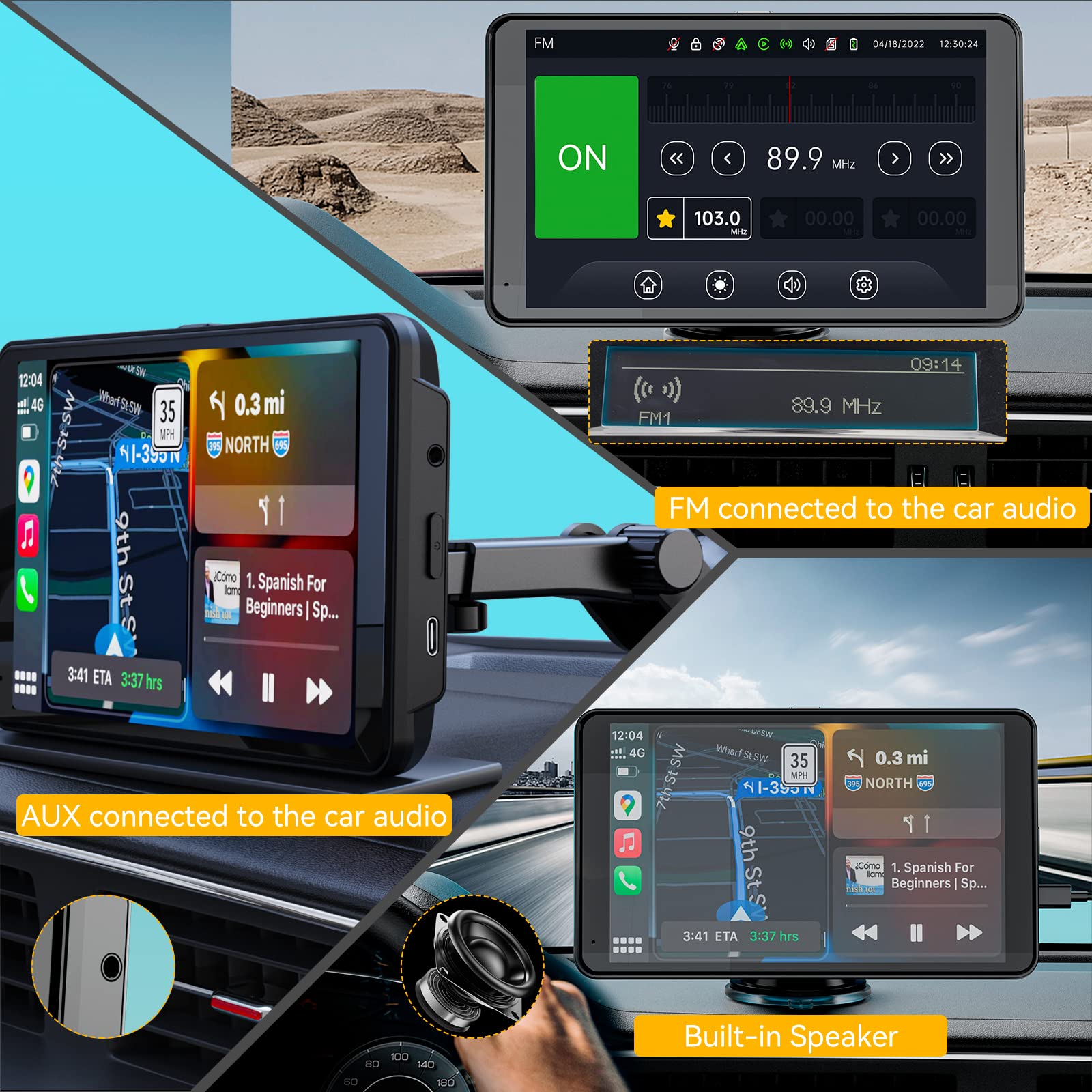 Spedal Portable Wired Car Stereo with Apple Carplay & Android Auto, 1080P Dash Cam with 7 Inch HD IPS Touchscreen, Voice Control, FM Transmitter, AUX/USB/32G TF Card, Supports Most Car Models