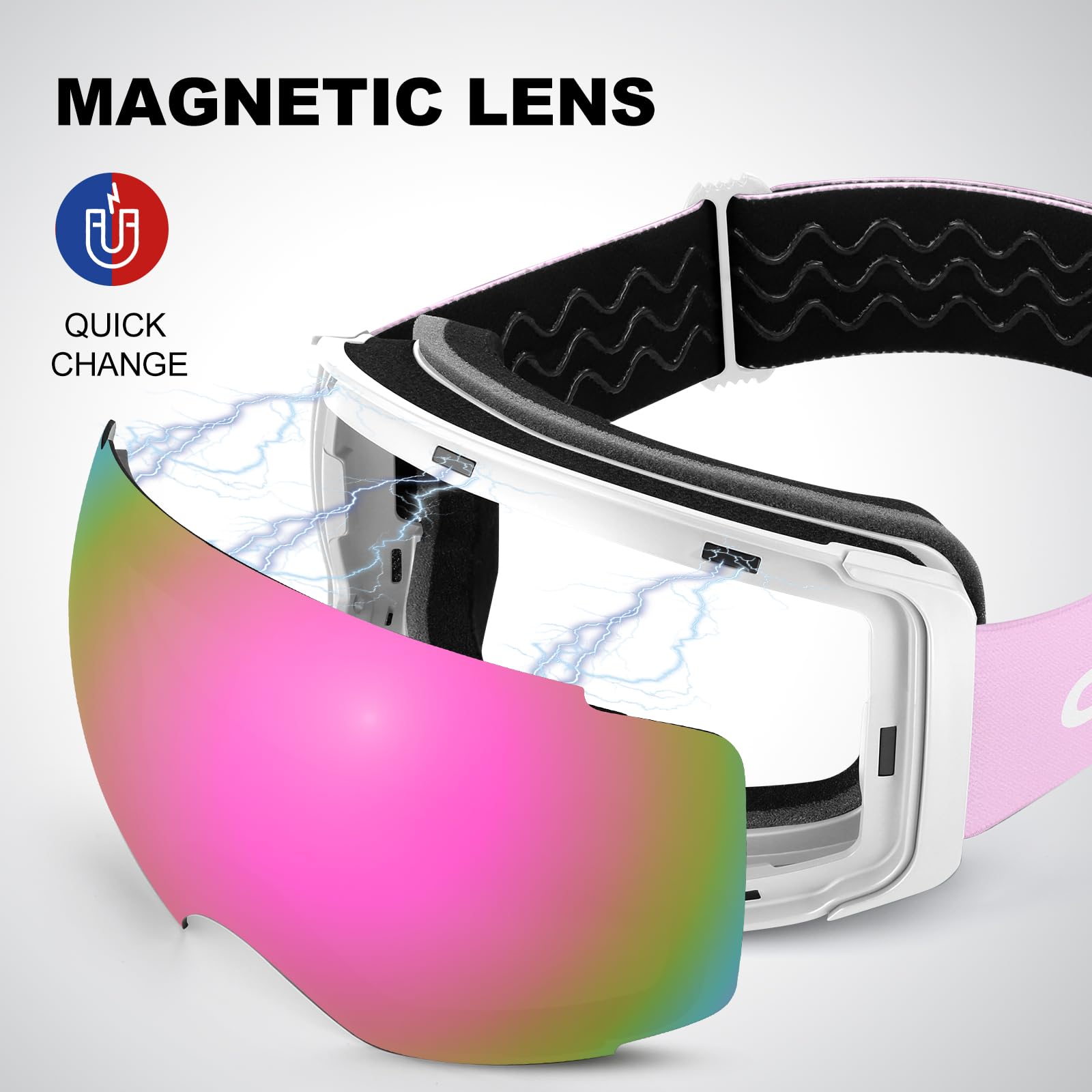 Odoland Magnetic Interchangeable Ski Goggles with 2 Lens, Large Spherical Frameless Snow Snowboard Goggles for Men Women, White Frame Purple Lens vlt 25%