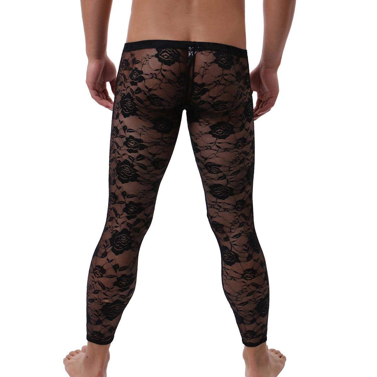 Men's Sissy Floral Lace Sheer Mesh Long Pants Leggings Low Rise Semi See Through Transparent Long Johns Tights Black Small