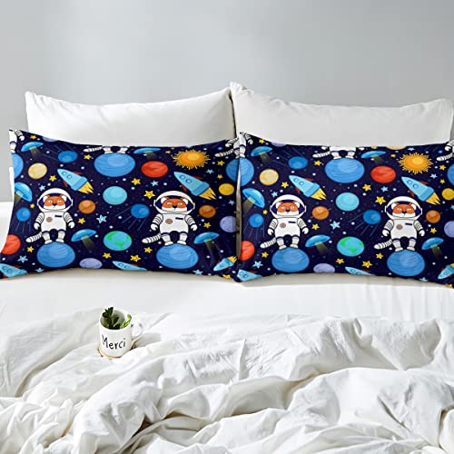 spefrowx Fox Astronaut Bedding Set King Mystic Outer Space Bedding Comforter Sets Sun Moon Stars Print Duvet Insert Rocket Spaceship Quilted Comforter Kids Cartoon Style Quilt Set Microfiber 3 Piece