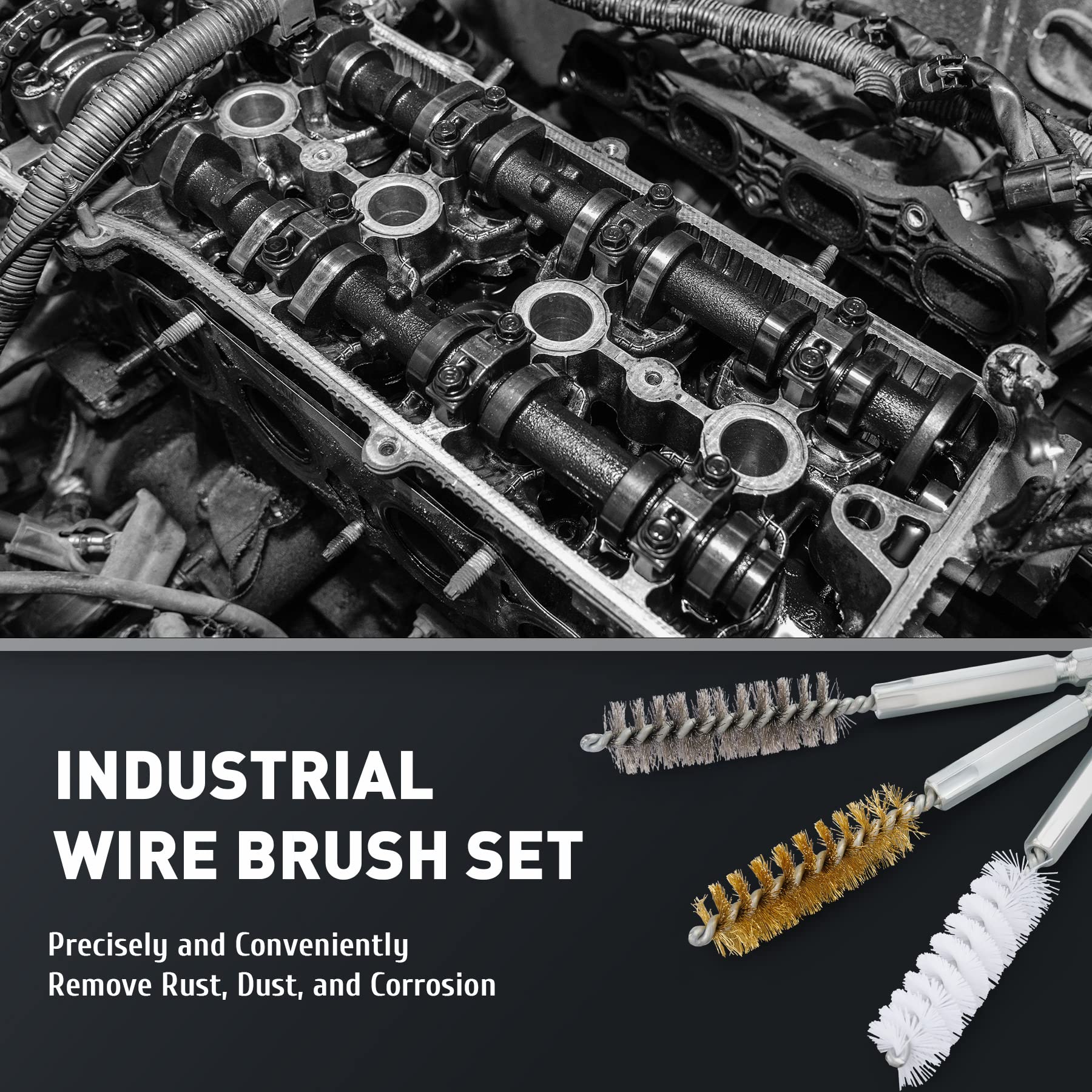 Orion Motor Tech 38pc Wire Brush Set, Bore Brush for Drill with 1/4 Inch Hex Shank and Long Extension Bars, 8-19mm Dia Round Wire Brush Kit, 0.31-0.75 Inch Stainless Steel Brass Nylon Cleaning Brushes
