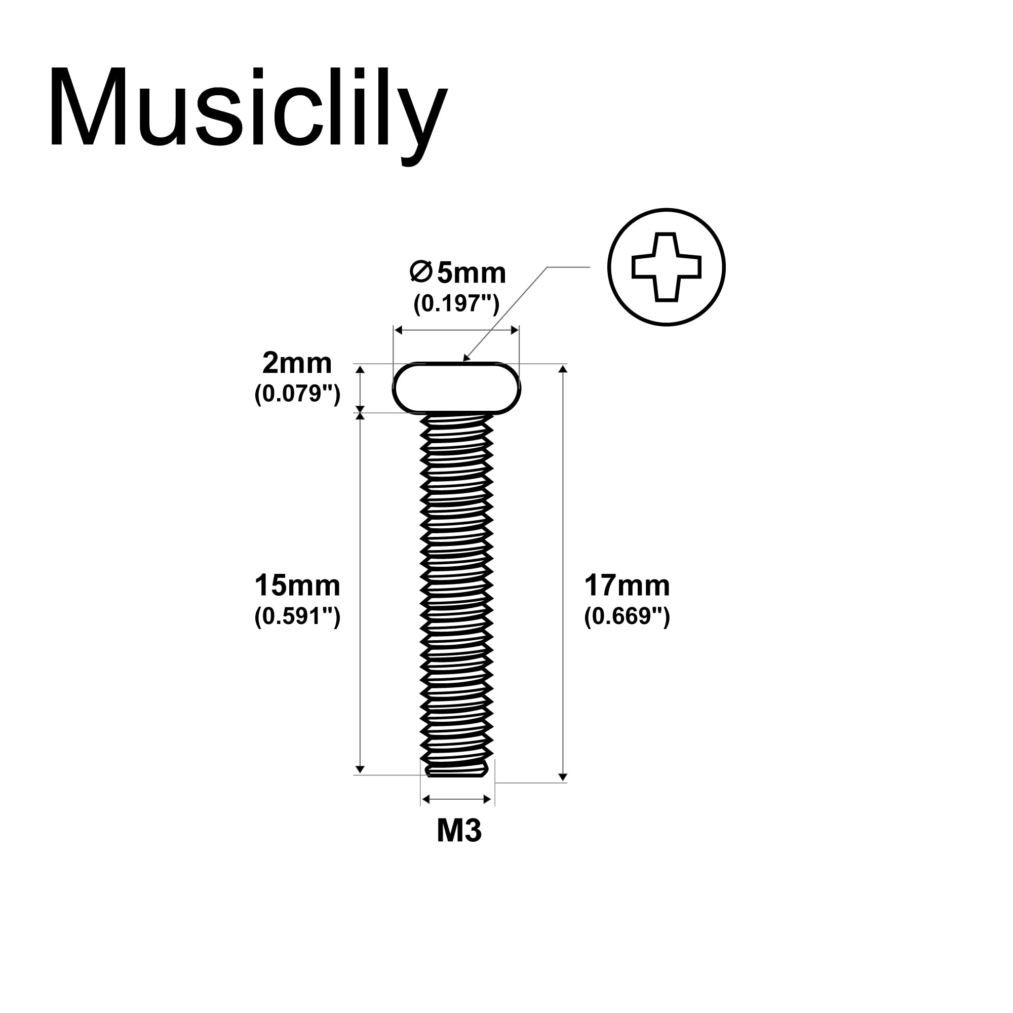Musiclily Basic 2.8x17mm Metal Metric Thread Single Coil Pickup Mounting Screws for Strat Stratocaster/Tele Telecaster Electric Guitar, Black (Set of 20)