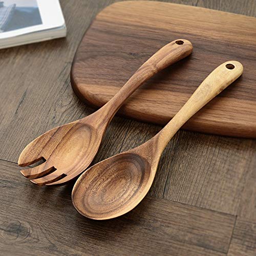 MEGIMA Spoons, Large Wooden Spoon Set, Big Salad Serving Spoon Fork Natural Wood Tablespoon Long Handled Cooking Spoon, Kitchen Utensils