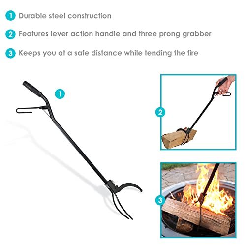 Sunnydaze 36-Inch Log Grabber Tongs - Outdoor/Indoor Tool Use - Spring Lever Action - Black