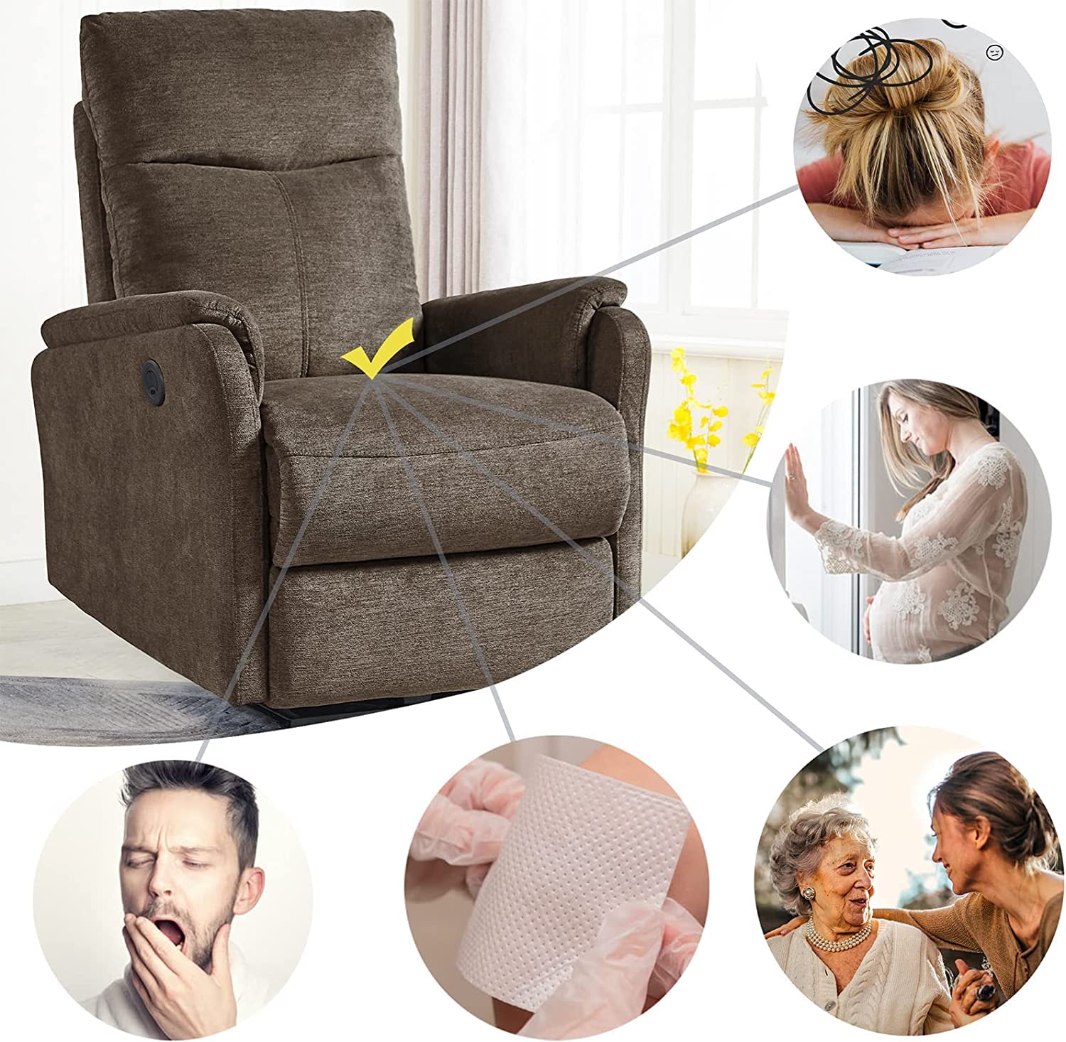 LAVHOME Electric Power USB,Fabric Single Sofa, Home Theater Seating with Recliner Function,Ergonomic Lounge Chair for Small Room 35.4" D x 30" W x 39.8" H, Brown