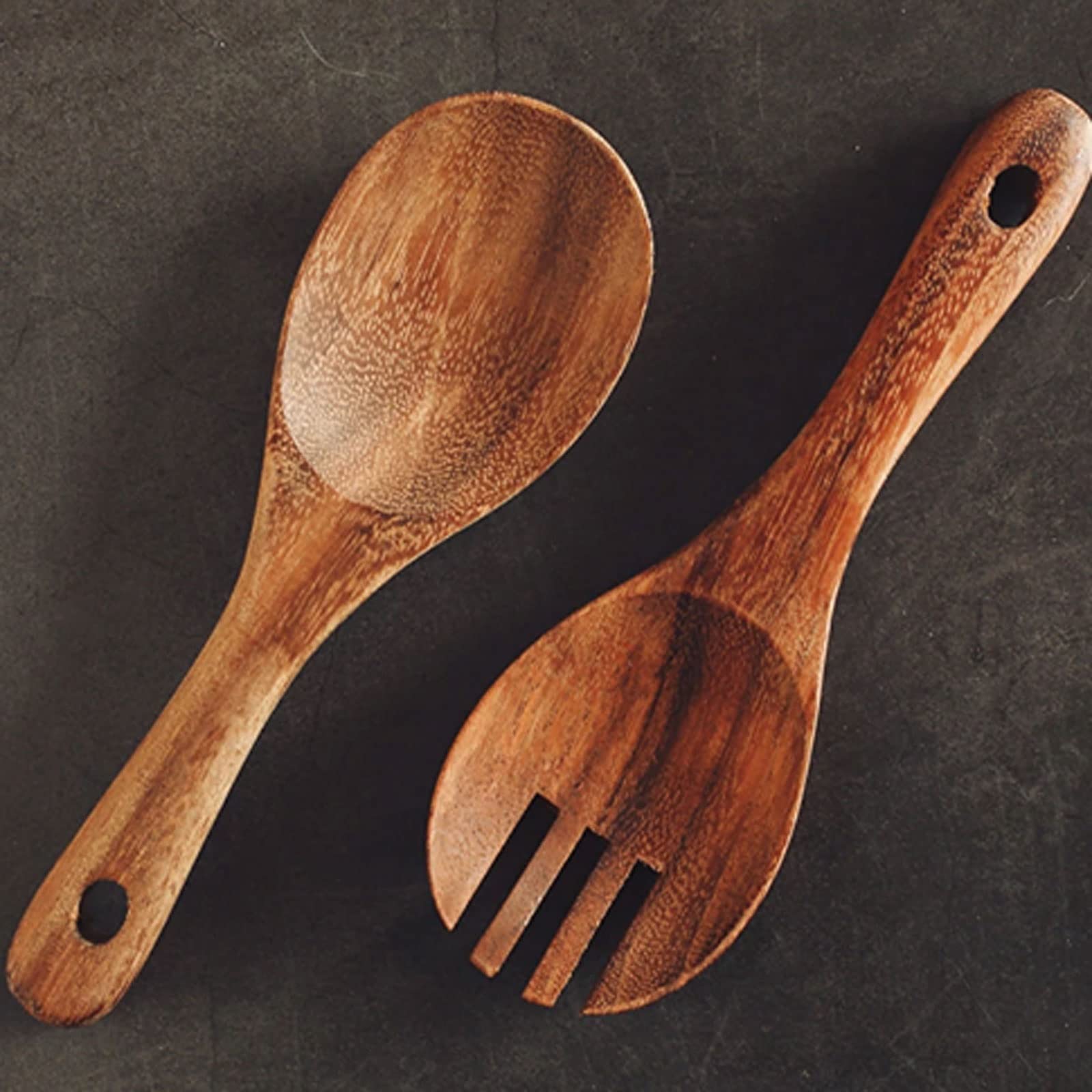 MEGIMA Spoons, Wooden Serving Spoons Rice Scoop Salad Mixing Spoon Large Wood Kitchen Spoon Fork Short Handle Cutlery Set Wood Cooking Utensils