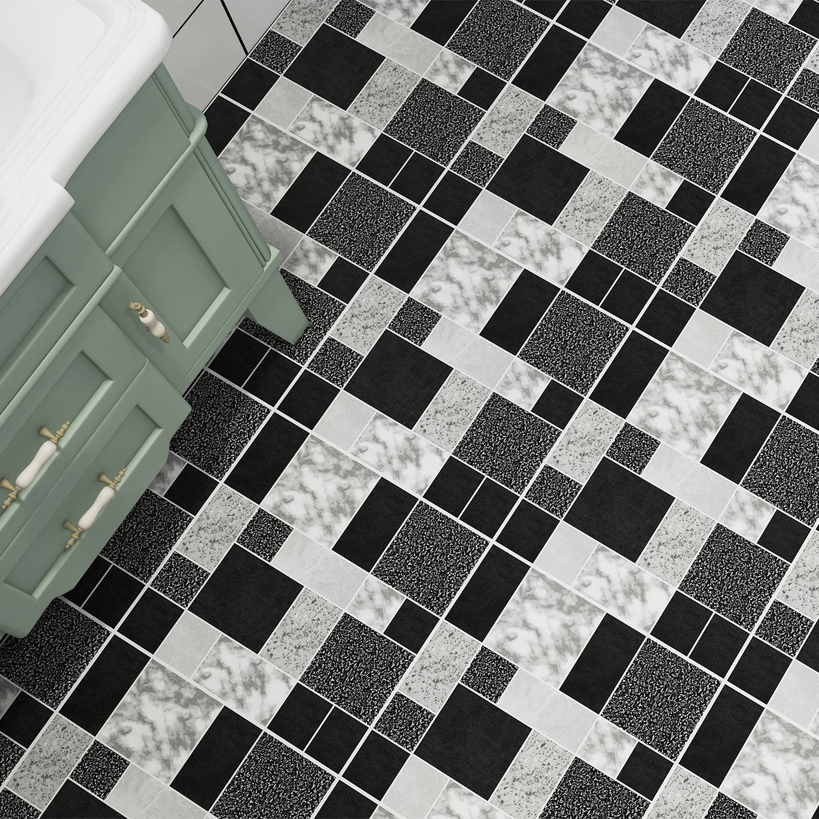 Livelynine Black and White Peel and Stick Floor Tile Bathroom Modern 4pcs 12x12" Grey Marble Self Adhesive Floor Tiles Peel & Stick Waterproof Vinyl Flooring Stick on Tile Floor Sheets Kitchen Shower
