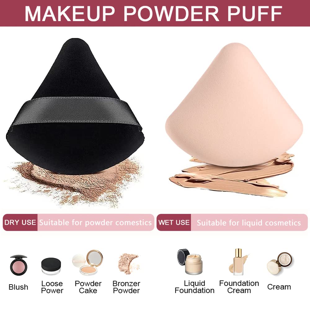 Triangle Powder Puff, 3pcs Velvet Black+3pcs Beauty Blender Makeup Sponge for Face Foundation, Triangle Design Exquisite Makeup Nose Eyes Contouring Soft Makeup Puff Set (3power puff+3blender sponge)
