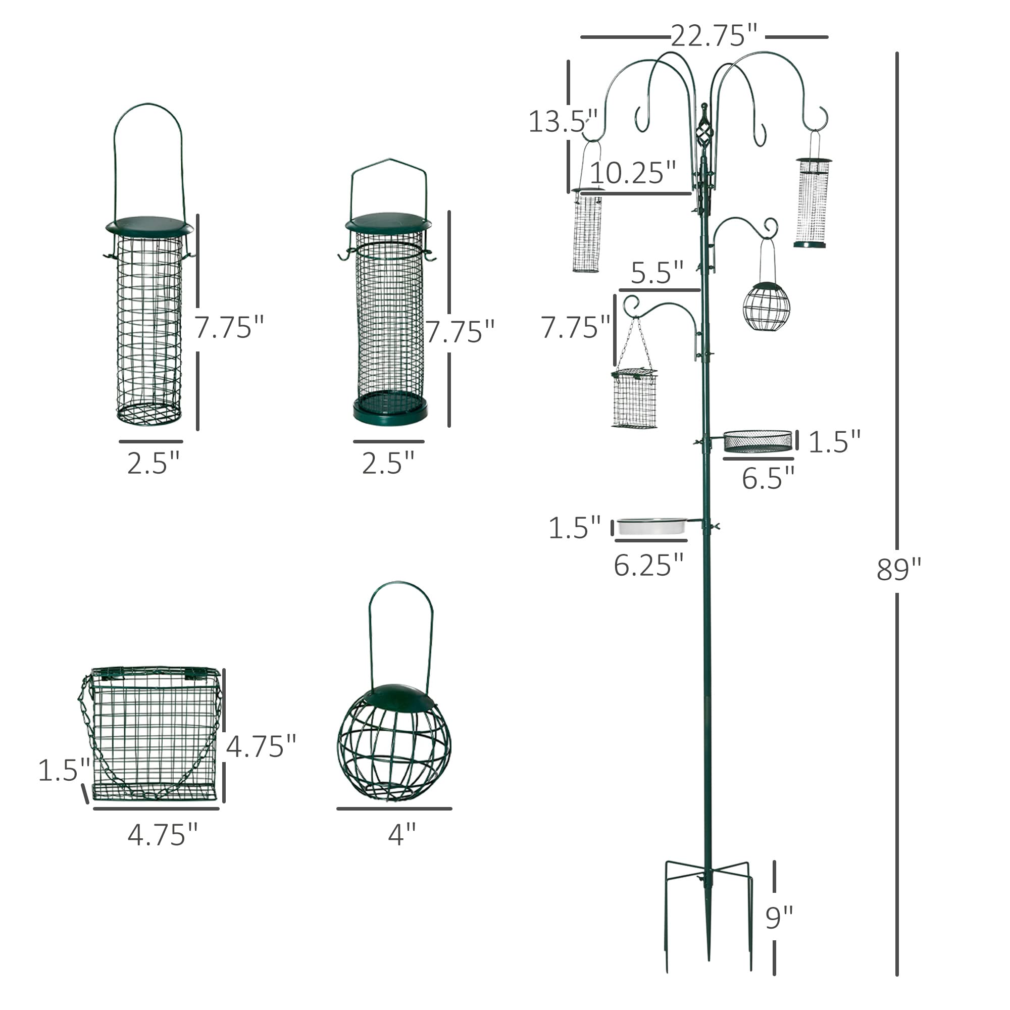 PawHut 6 Hook Feeding Station, Steel Multi-Feeder Kit Stand with 4 Bird Feeders, Mesh Tray, Water Dish and 4-Prong Base, Green