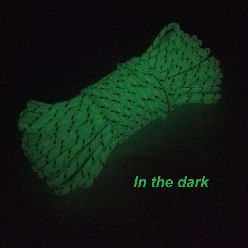 LILUO Glow in The Dark Luminous Reflective Guyline - 5mm 65.6ft/20m Highly Reflective Tent Rope with 10 Aluminum Adjusters/Tensioners