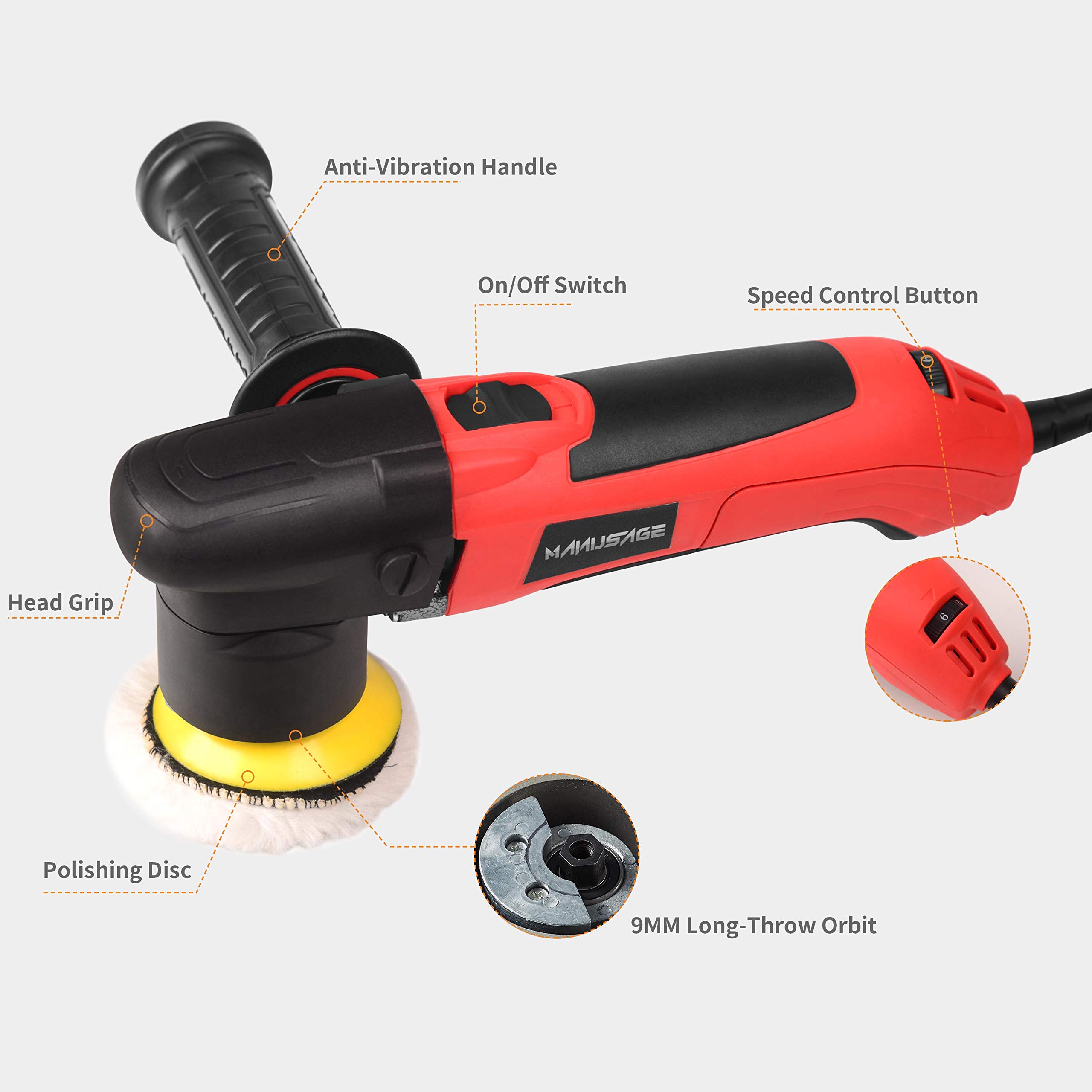 MANUSAGE 3-Inch Dual Action Car Polisher Tire Inflator Air Compressor & Work light Kit