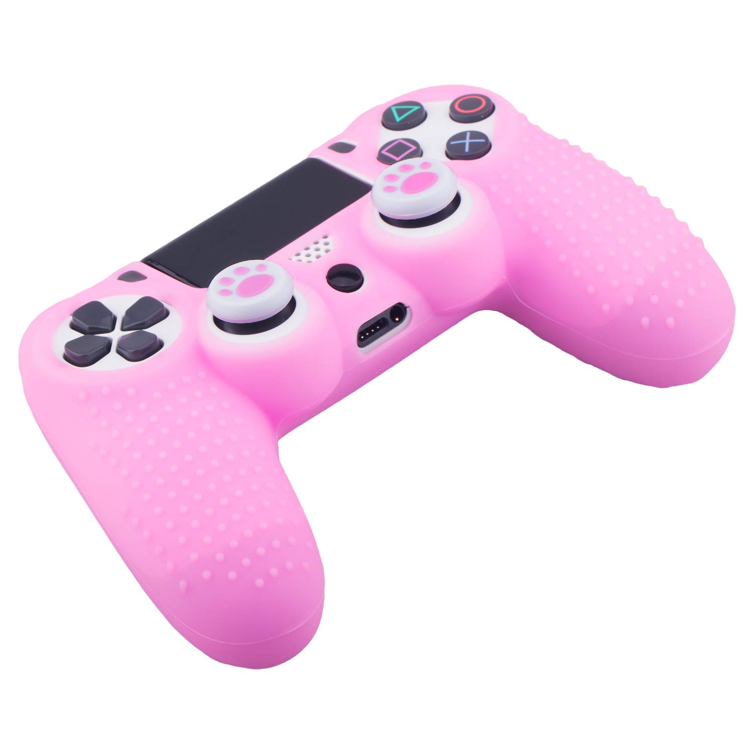 MXRC Silicone Rubber Cover Skin Case x 1 Anti-Slip Studded Dots Customize for PS4/SLIM/PRO Controller x 1(Pink) + Cat Paw Thumb Grips x 2