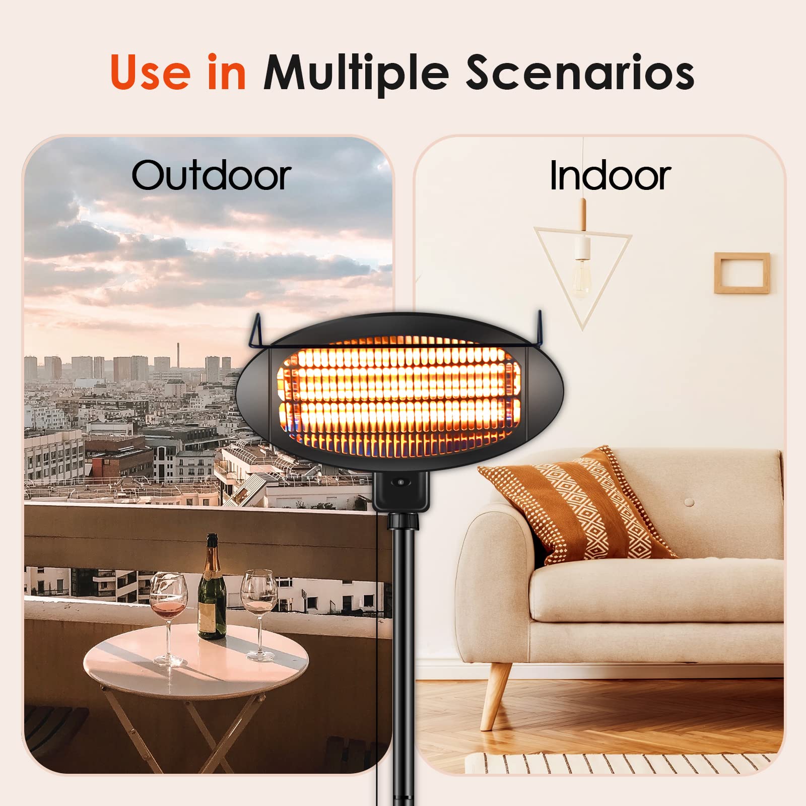 TRUSTECH Patio Heater - Outdoor Heater with 3 Ajustable Heating Modes of 500/1000/1500W, 3s Rapid Heating & Waterproof IP34 Outdoor Patio Heater with Tip-Over Protection, Balcony, Backyard, Garage use
